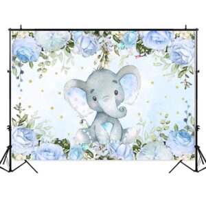 Avezano Elephant Boy Baby Shower Backdrop, Blue Floral Elephant Baby Shower Party Decorations Blue Elephant Baby Shower Party Banner Photography Background (7x5ft)