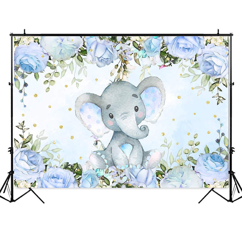 Avezano Elephant Boy Baby Shower Backdrop, Blue Floral Elephant Baby Shower Party Decorations Blue Elephant Baby Shower Party Banner Photography Background (7x5ft)