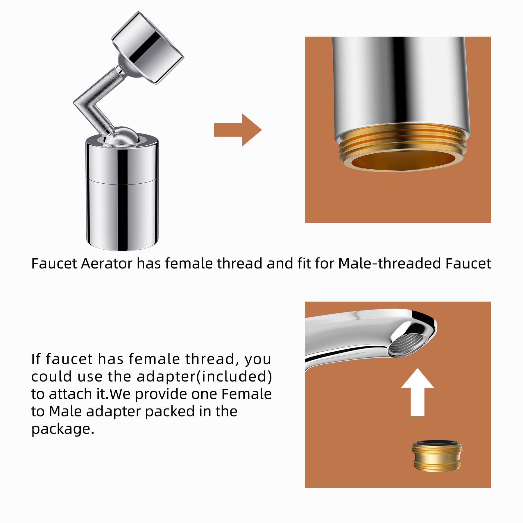 Faucet Aerator, 720° Big Angle Spray Aerator Dual Function Kitchen Faucet Aerator, Bathroom Faucet Mounted for Face Washing, Gargle and Eye Flush, Polished Chrome