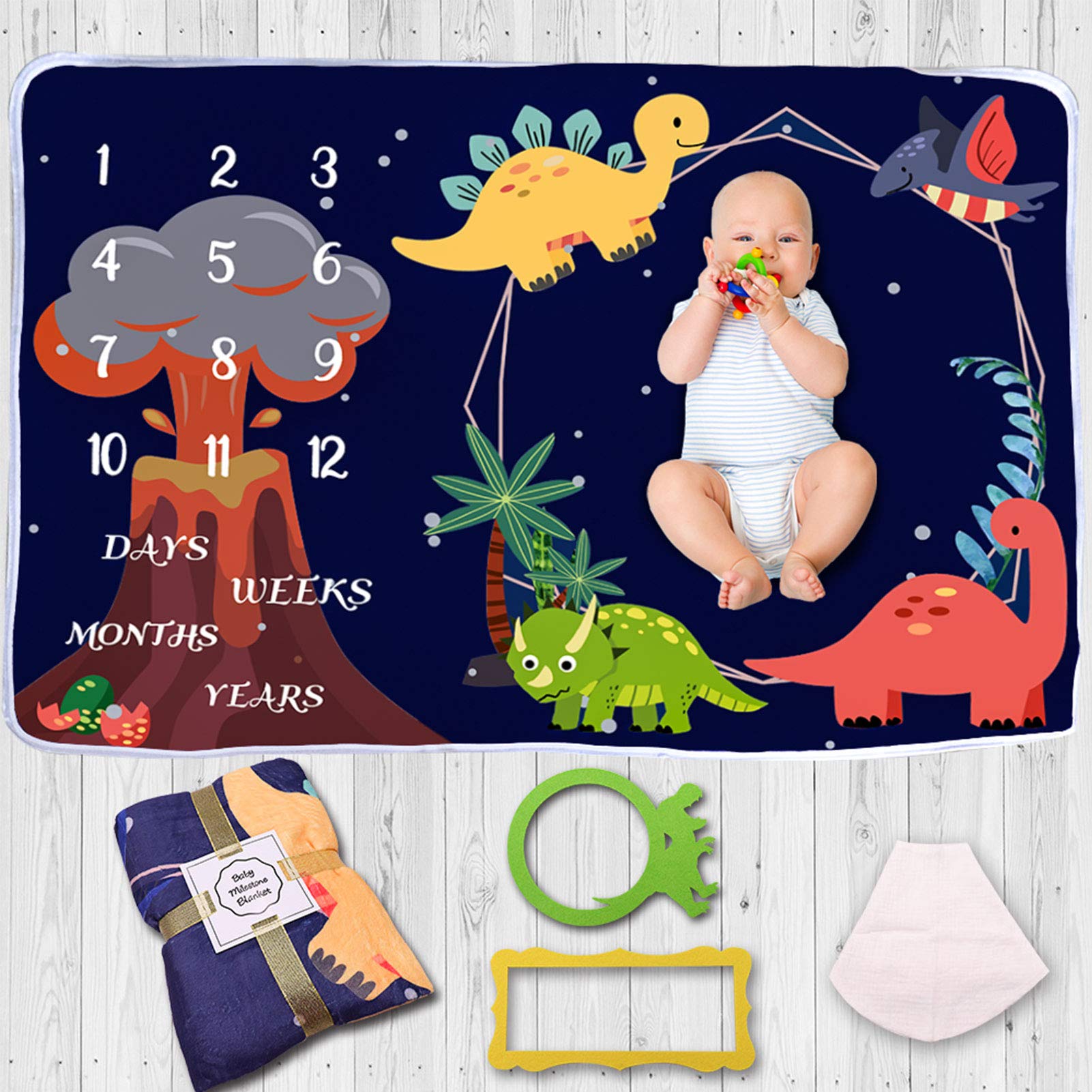 DILIMI Baby Monthly Milestone Blanket Dinosaur Soft Flannel Nursery Bed Blankets for Boys Photography Background Blankets