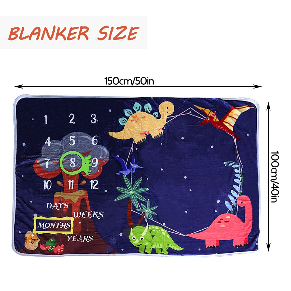 DILIMI Baby Monthly Milestone Blanket Dinosaur Soft Flannel Nursery Bed Blankets for Boys Photography Background Blankets