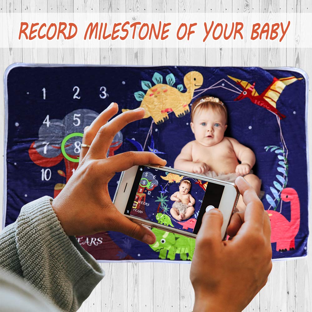 DILIMI Baby Monthly Milestone Blanket Dinosaur Soft Flannel Nursery Bed Blankets for Boys Photography Background Blankets