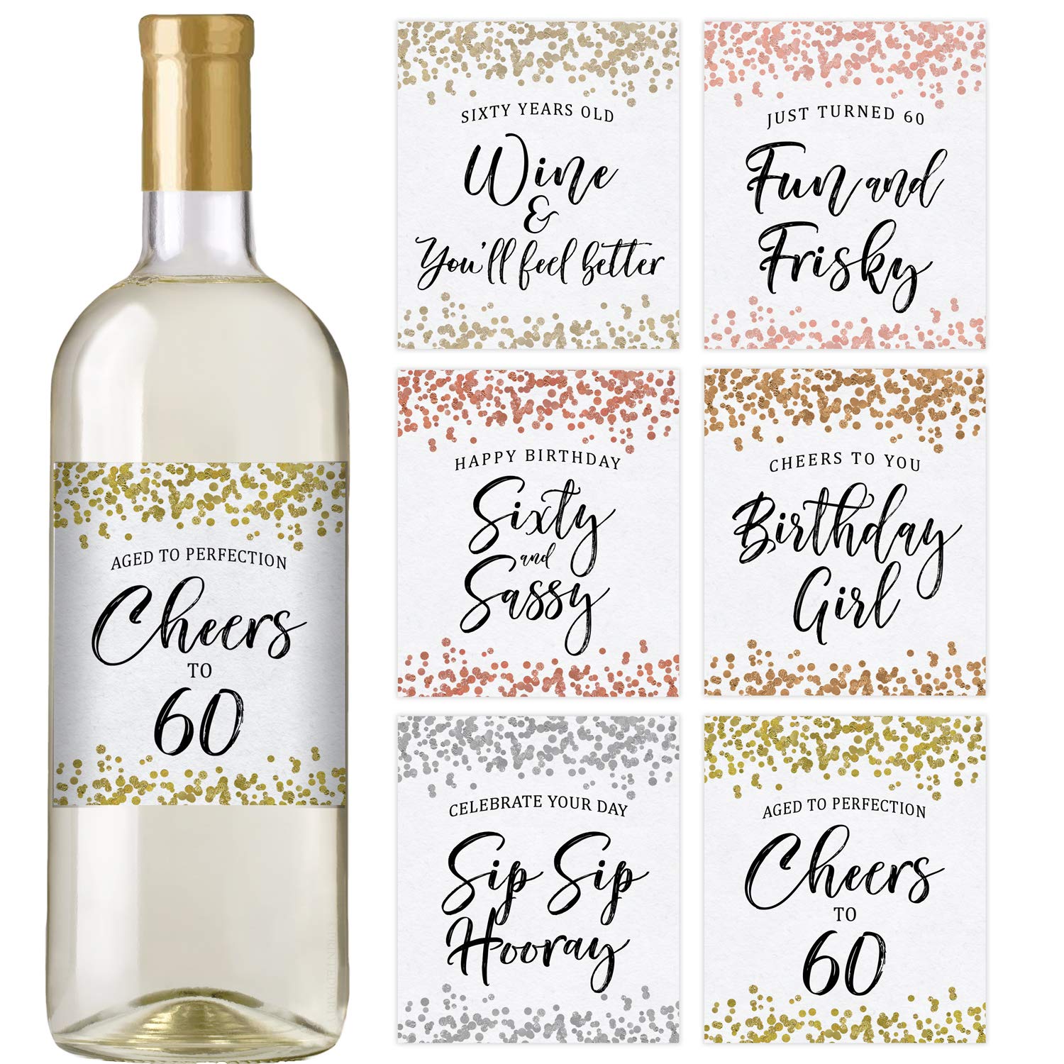 Printed Party 60th Birthday Wine Bottle Labels, Confetti, Set of 6