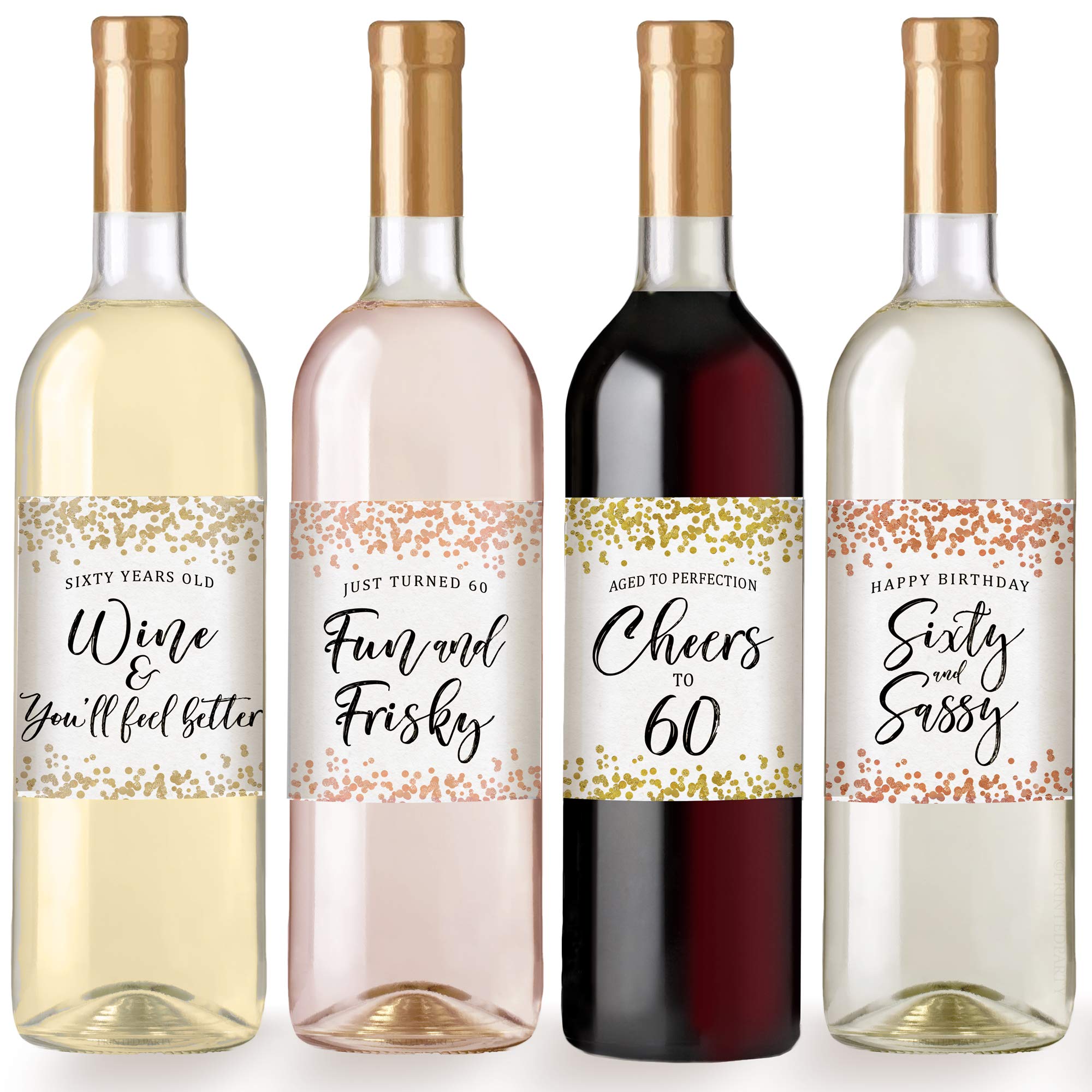 Printed Party 60th Birthday Wine Bottle Labels, Confetti, Set of 6