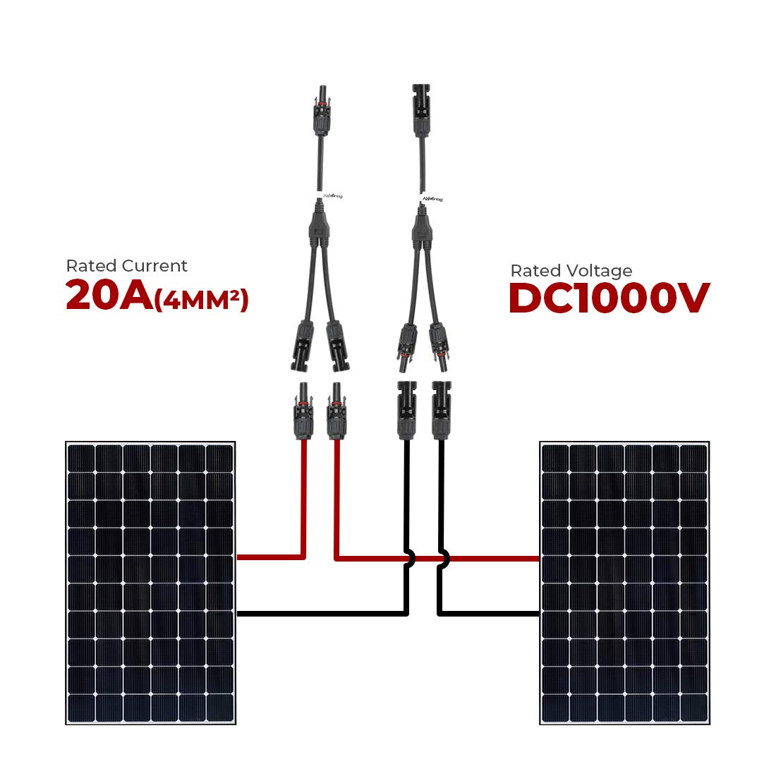 BougeRV 20Ft 10AWG Solar Extension Cable and 1 Pair of Solar Y Branch Parallel Connectors, Included Extra Free Pair of Connectors, 20Ft Solar Extension Cable Connector Kit Made of Pure Copper