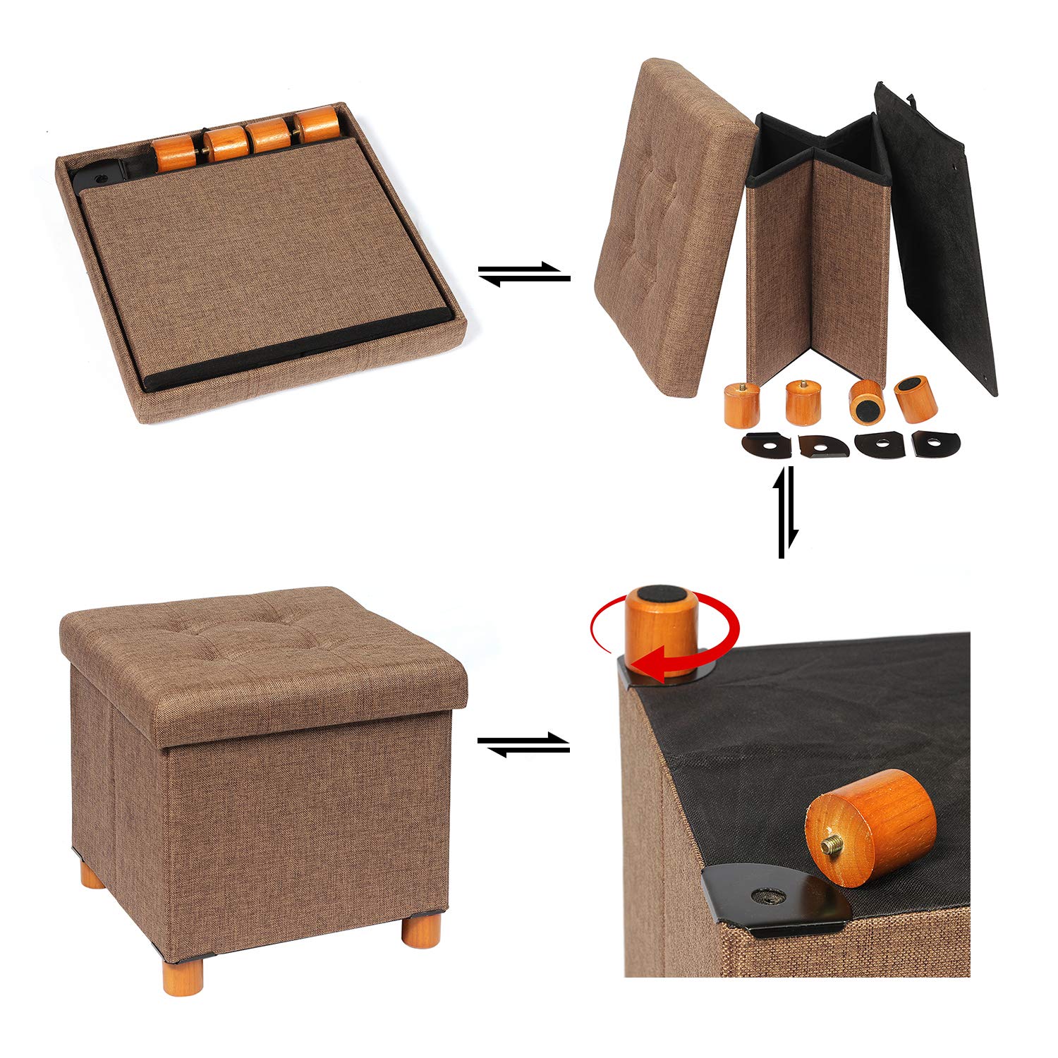 B FSOBEIIALEO Storage Ottoman with Tray, Foot Stools and Ottomans with Legs, Storage Cube Seat Linen Brown 15"