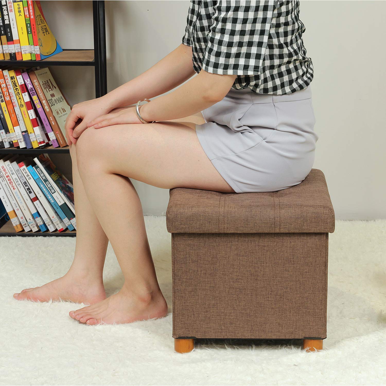 B FSOBEIIALEO Storage Ottoman with Tray, Foot Stools and Ottomans with Legs, Storage Cube Seat Linen Brown 15"