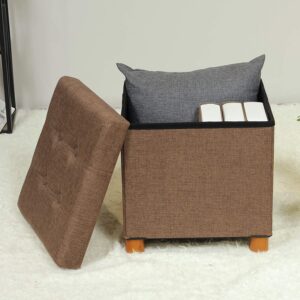 B FSOBEIIALEO Storage Ottoman with Tray, Foot Stools and Ottomans with Legs, Storage Cube Seat Linen Brown 15"