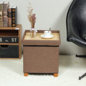 B FSOBEIIALEO Storage Ottoman with Tray, Foot Stools and Ottomans with Legs, Storage Cube Seat Linen Brown 15"