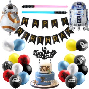 haooryx 35pcs galaxy wars birthday party favor supplies for kids, black series birthday banner darth vader cake topper decoration latex balloons war lightsaber bb8 robot aluminum foil balloons