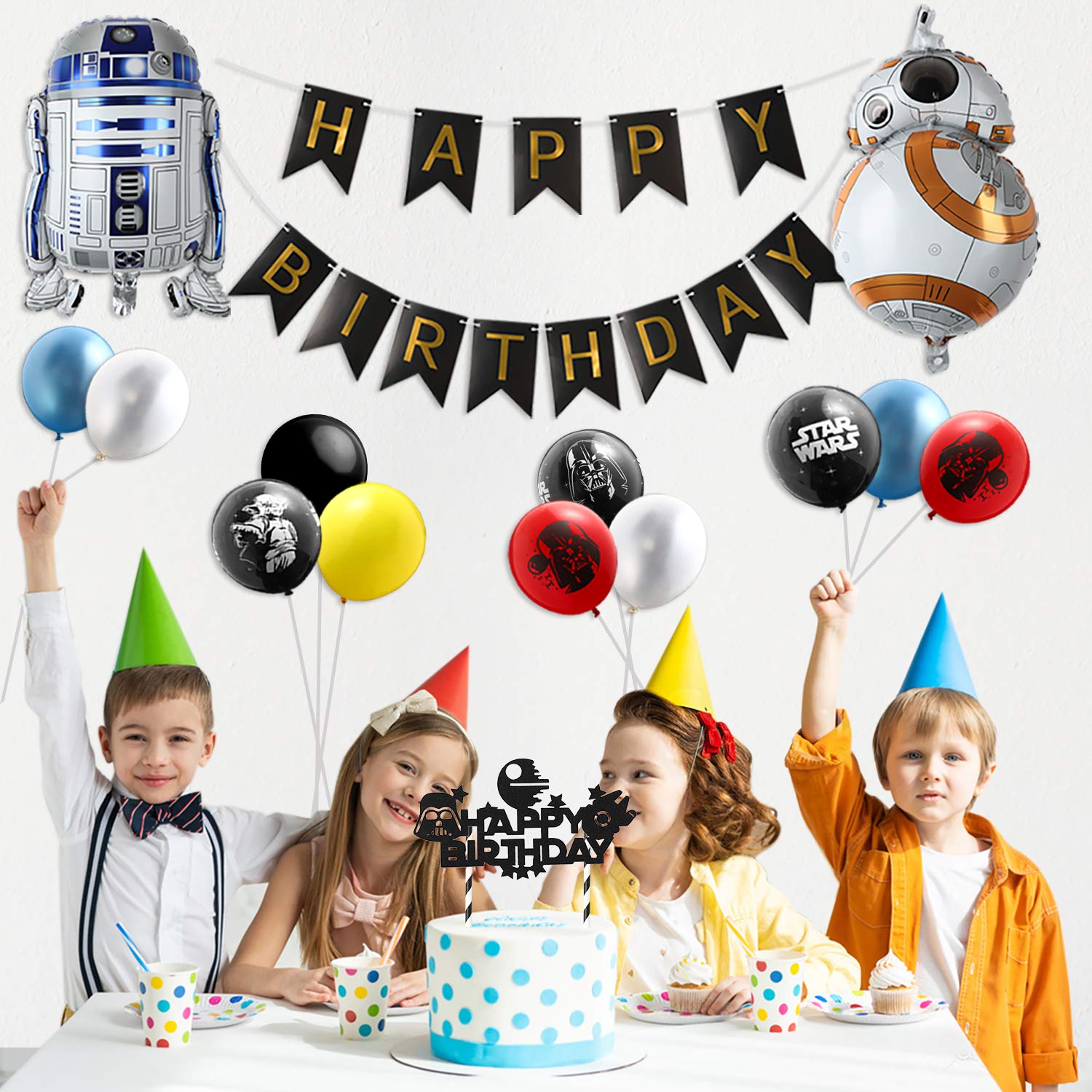 Haooryx 35PCS Galaxy Wars Birthday Party Favor Supplies for Kids, Black Series Birthday Banner Darth Vader Cake Topper Decoration Latex Balloons War Lightsaber BB8 Robot Aluminum Foil balloons