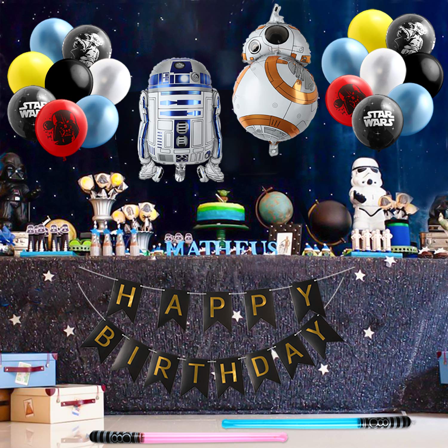 Haooryx 35PCS Galaxy Wars Birthday Party Favor Supplies for Kids, Black Series Birthday Banner Darth Vader Cake Topper Decoration Latex Balloons War Lightsaber BB8 Robot Aluminum Foil balloons