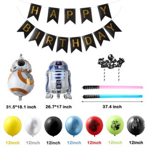 Haooryx 35PCS Galaxy Wars Birthday Party Favor Supplies for Kids, Black Series Birthday Banner Darth Vader Cake Topper Decoration Latex Balloons War Lightsaber BB8 Robot Aluminum Foil balloons