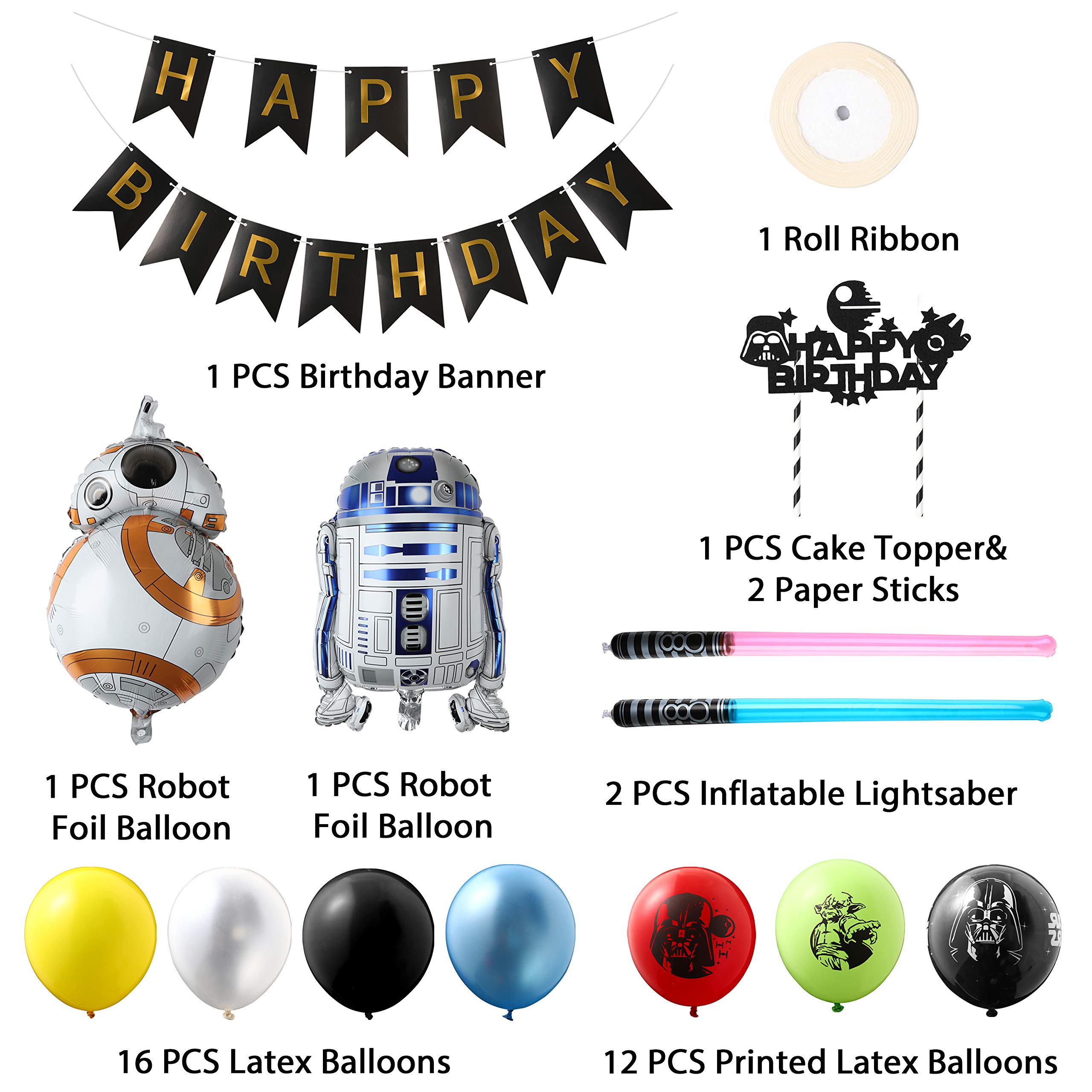 Haooryx 35PCS Galaxy Wars Birthday Party Favor Supplies for Kids, Black Series Birthday Banner Darth Vader Cake Topper Decoration Latex Balloons War Lightsaber BB8 Robot Aluminum Foil balloons