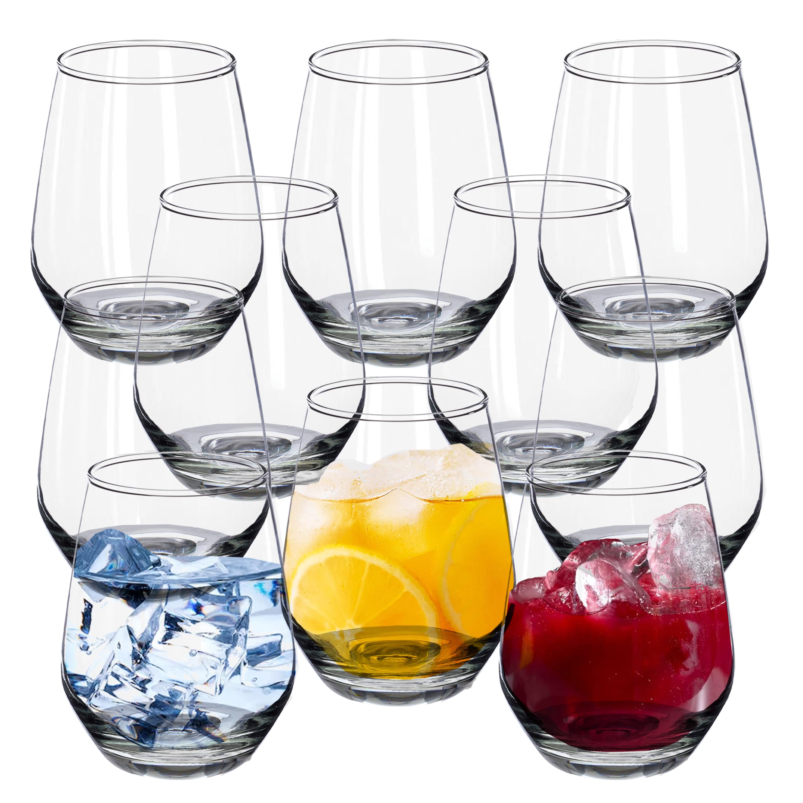 DISCOUNT PROMOS Silica 12 Oz. Stemless Wine Glasses Set of 10, Bulk Pack of Drinking Glasses, Restaurant Grade Glassware, Perfect for Wine, Cocktails and More - Clear Bottom Color