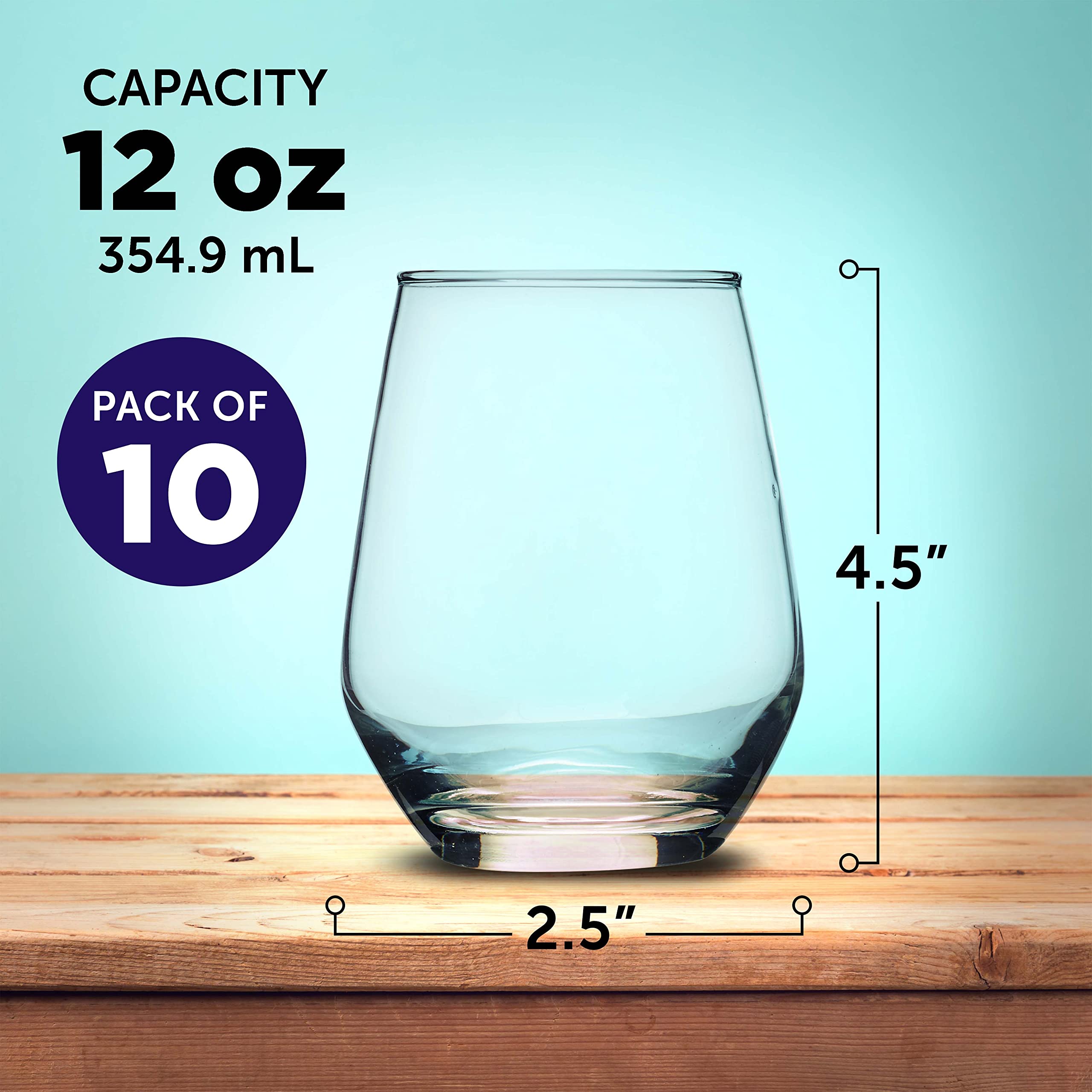 DISCOUNT PROMOS Silica 12 Oz. Stemless Wine Glasses Set of 10, Bulk Pack of Drinking Glasses, Restaurant Grade Glassware, Perfect for Wine, Cocktails and More - Clear Bottom Color