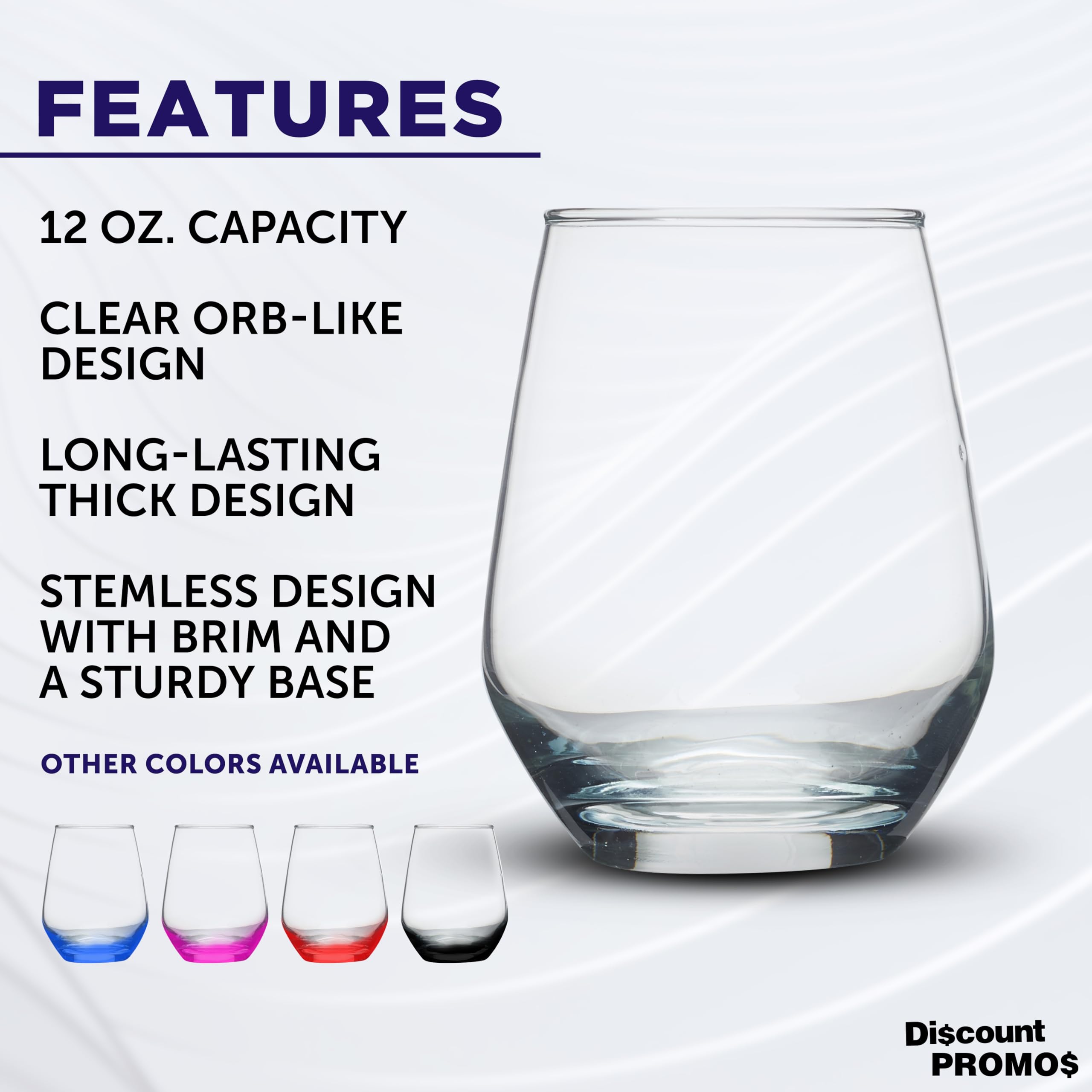 DISCOUNT PROMOS Silica 12 Oz. Stemless Wine Glasses Set of 10, Bulk Pack of Drinking Glasses, Restaurant Grade Glassware, Perfect for Wine, Cocktails and More - Clear Bottom Color