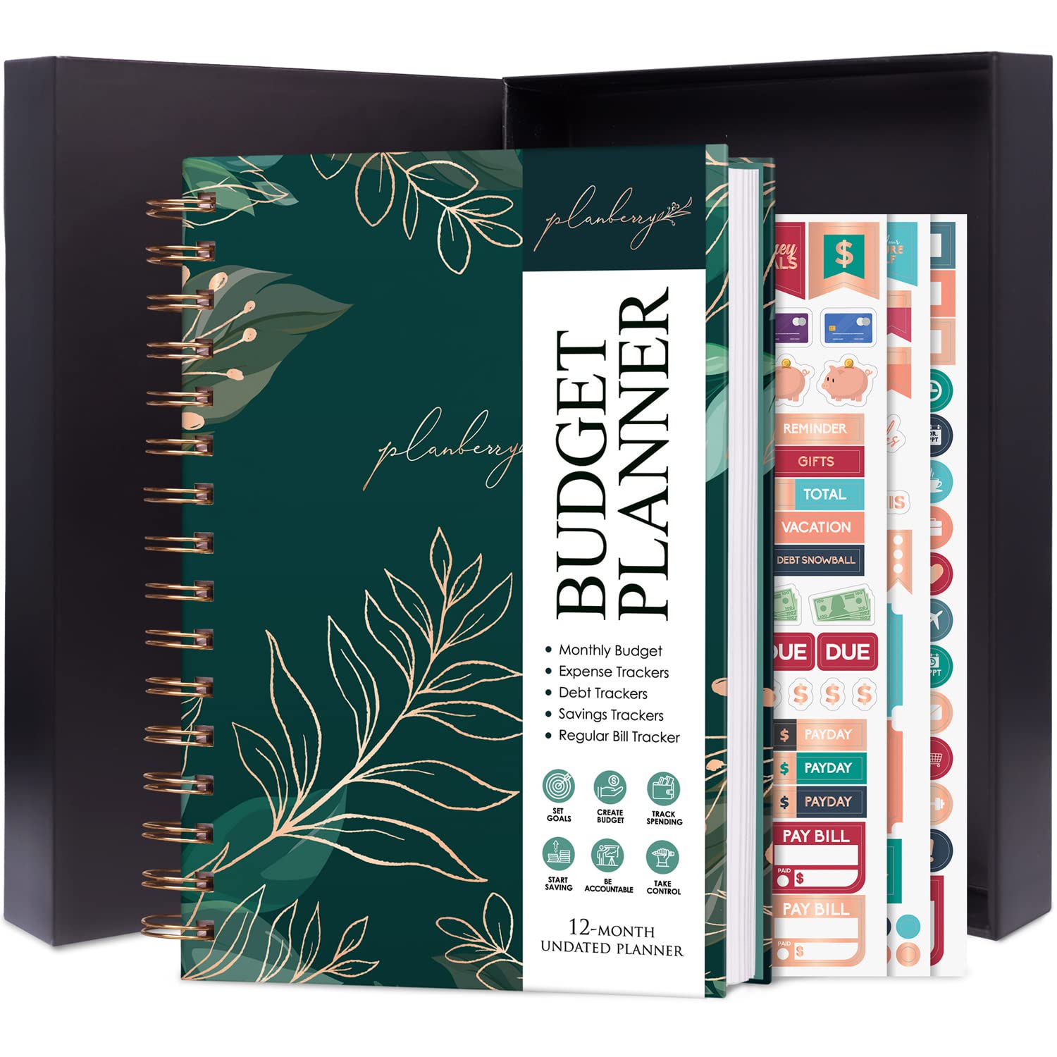 PLANBERRY Budget Planner Premium – Undated Monthly Finance Organizer – Financial Spiral Notebook for Money Budgeting with Expense & Bill Tracker - 6.3x8.5″ Hardcover (Green Pastures)