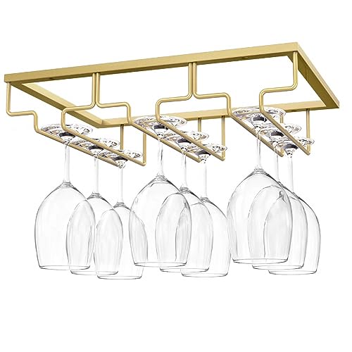 Nuovoware Wine Glass Rack, Wine Glass Hanger Rack Under Cabinet Stemware Wine Glass Holder Storage Hanger for Bar Kitchen Cabinet (3 Rows) - Gold