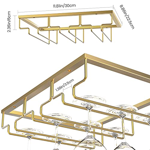 Nuovoware Wine Glass Rack, Wine Glass Hanger Rack Under Cabinet Stemware Wine Glass Holder Storage Hanger for Bar Kitchen Cabinet (3 Rows) - Gold