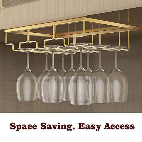 Nuovoware Wine Glass Rack, Wine Glass Hanger Rack Under Cabinet Stemware Wine Glass Holder Storage Hanger for Bar Kitchen Cabinet (3 Rows) - Gold