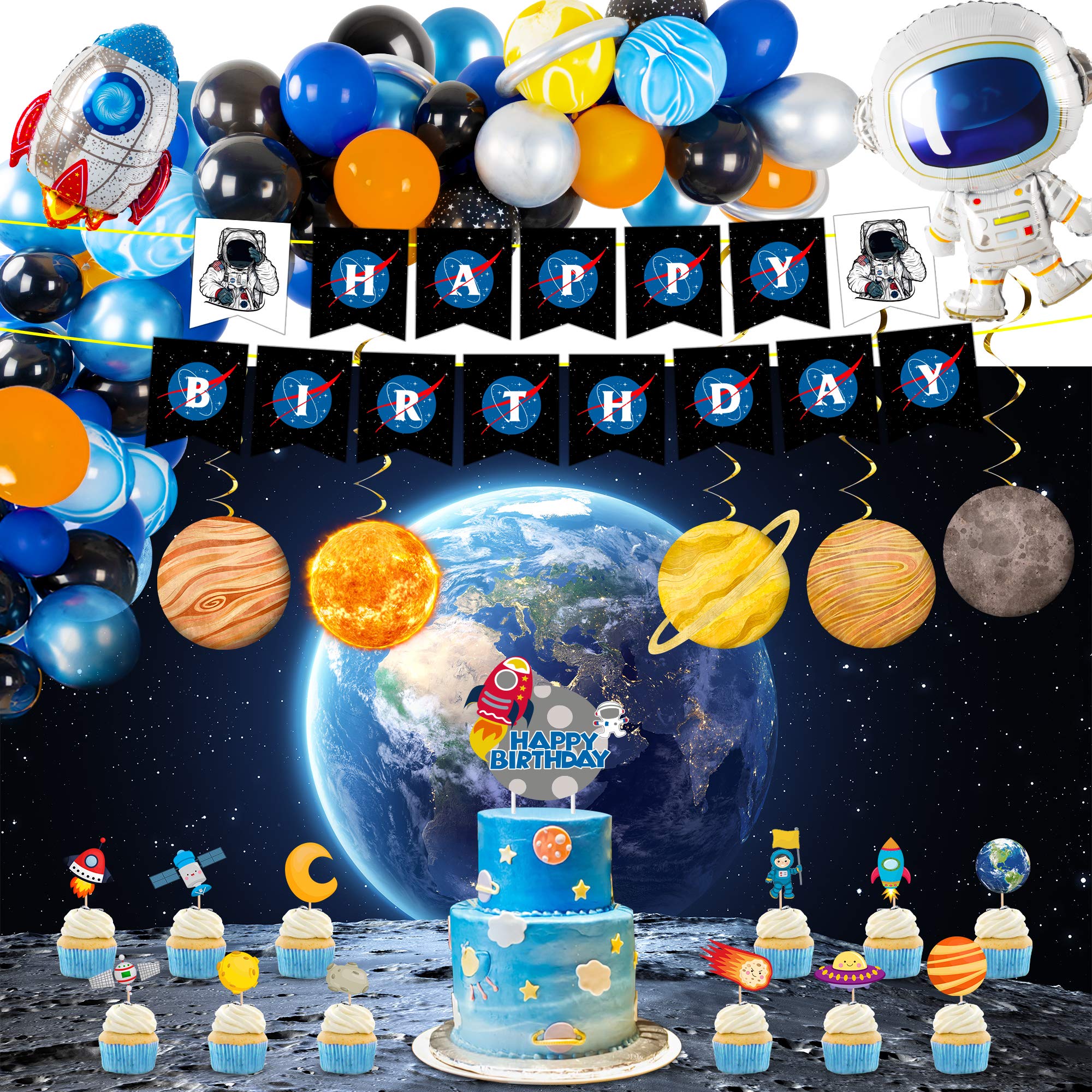 Outer Space Party Supplies, 87Pcs Party Decorations - Rocket Balloons, Solar System Swirl Decorations, Cupcake Toppers, Astronaut Birthday Banner, Backdrops