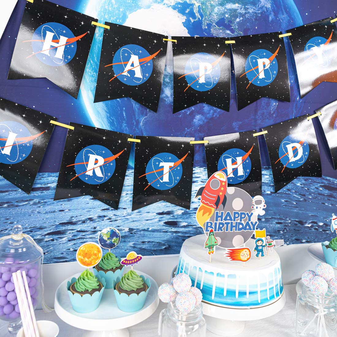 Outer Space Party Supplies, 87Pcs Party Decorations - Rocket Balloons, Solar System Swirl Decorations, Cupcake Toppers, Astronaut Birthday Banner, Backdrops