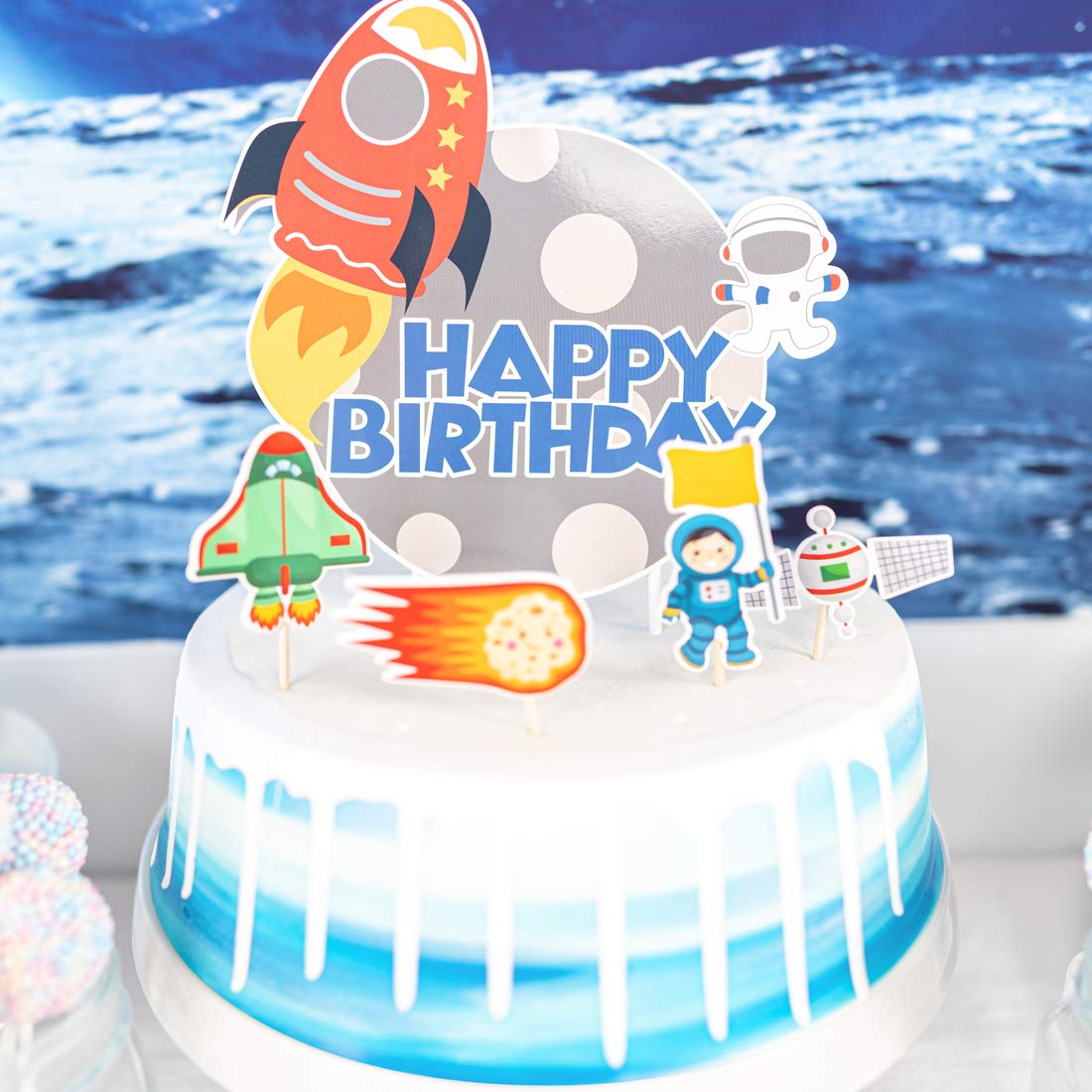 Outer Space Party Supplies, 87Pcs Party Decorations - Rocket Balloons, Solar System Swirl Decorations, Cupcake Toppers, Astronaut Birthday Banner, Backdrops