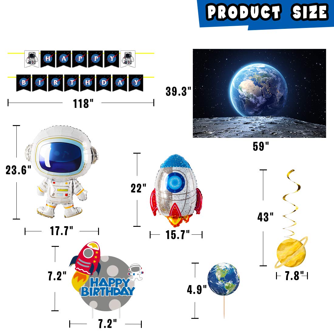 Outer Space Party Supplies, 87Pcs Party Decorations - Rocket Balloons, Solar System Swirl Decorations, Cupcake Toppers, Astronaut Birthday Banner, Backdrops