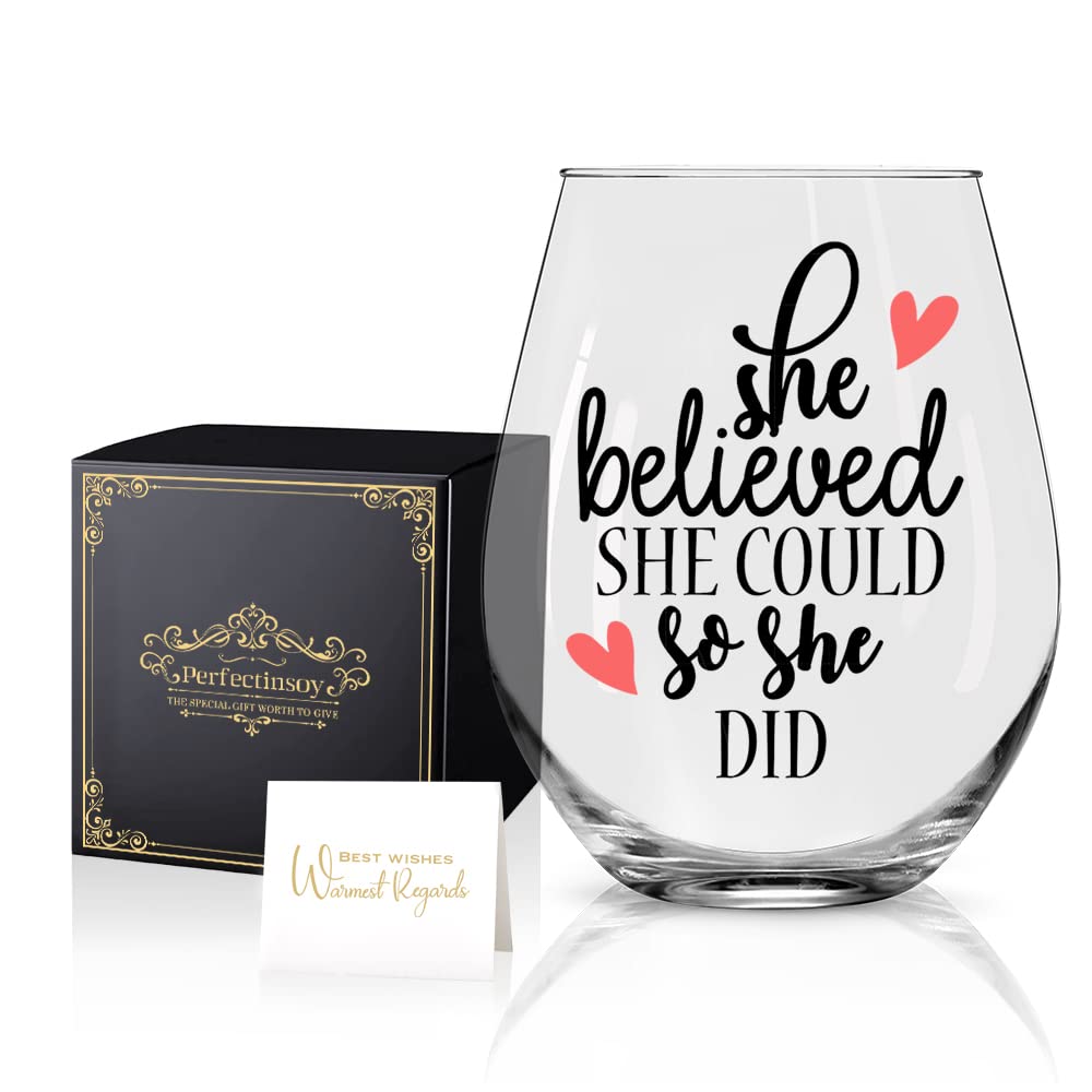 Perfectinsoy She Believed She Could So She Did Wine Glass with Gift Box, Funny Stemless Wine Glass 15 oz, Spiritual Inspirational Gifts, Graduation Gift for her for Women