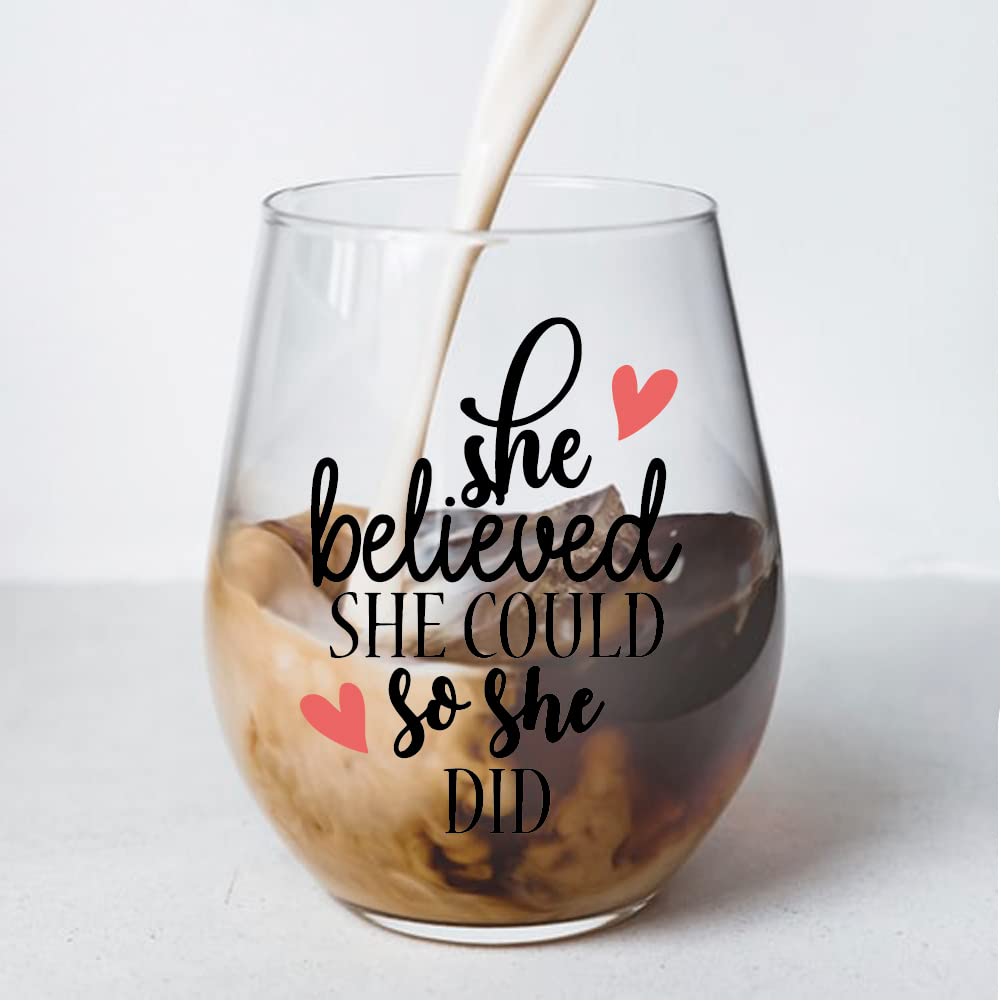 Perfectinsoy She Believed She Could So She Did Wine Glass with Gift Box, Funny Stemless Wine Glass 15 oz, Spiritual Inspirational Gifts, Graduation Gift for her for Women