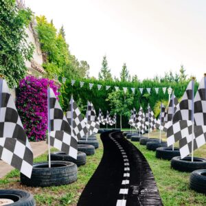 13 Feet Long Racetrack Floor Running Mat (2ft Wide) and 12 Pieces Checkered Black and White Racing Flag for Two Fast Birthday Decorations Race Car Road for Race Car Birthday Party Supplies