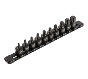 ares 24001-10-piece 3/8-inch drive low profile impact torx bit driver set - chrome-moly steel & manganese phosphate coating - star bit size range t25-t70 - reusable storage rail