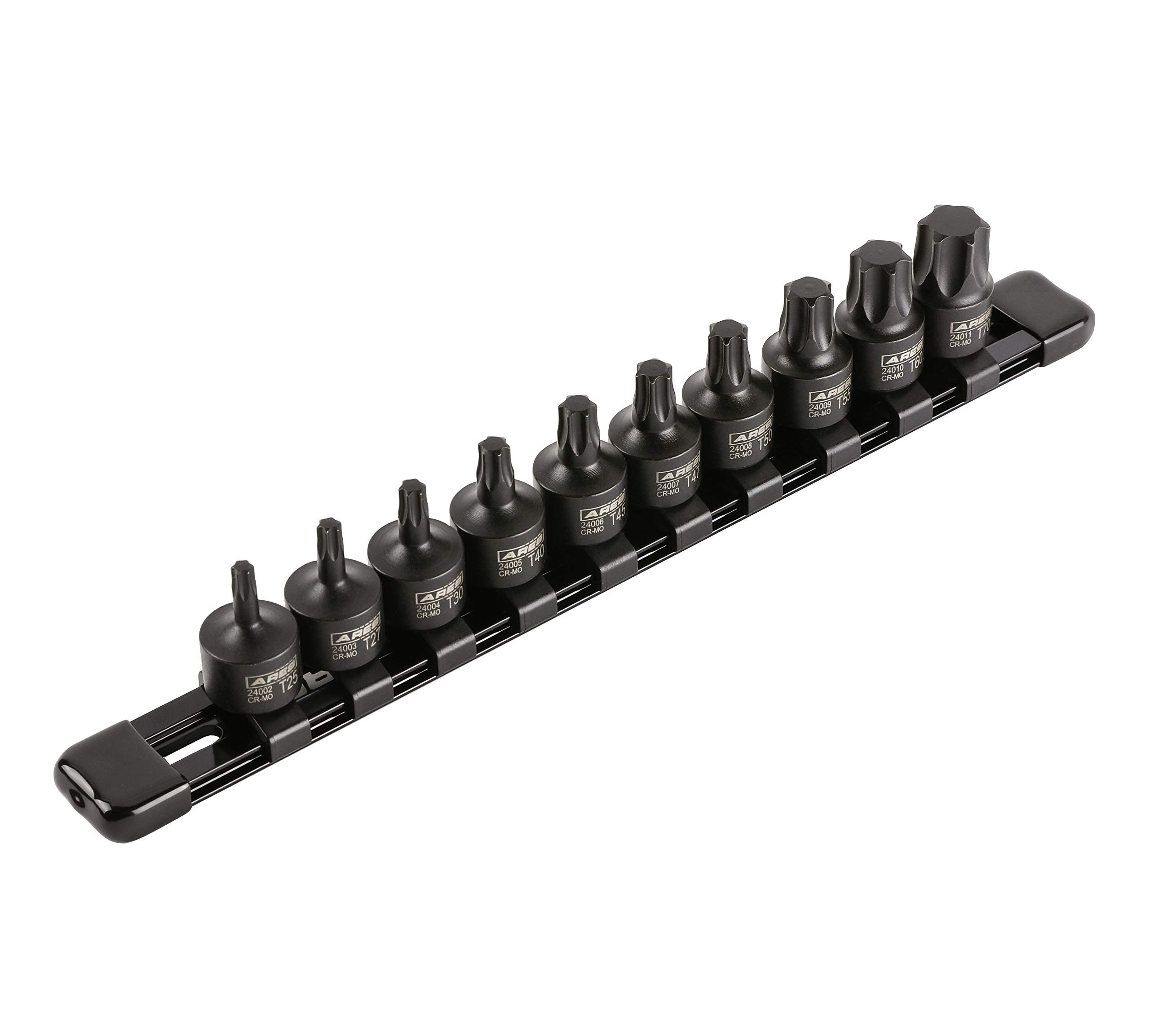 ARES 24001-10-Piece 3/8-Inch Drive Low Profile Impact Torx Bit Driver Set - Chrome-Moly Steel & Manganese Phosphate Coating - Star Bit Size Range T25-T70 - Reusable Storage Rail