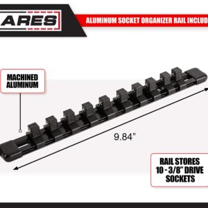 ARES 24001-10-Piece 3/8-Inch Drive Low Profile Impact Torx Bit Driver Set - Chrome-Moly Steel & Manganese Phosphate Coating - Star Bit Size Range T25-T70 - Reusable Storage Rail