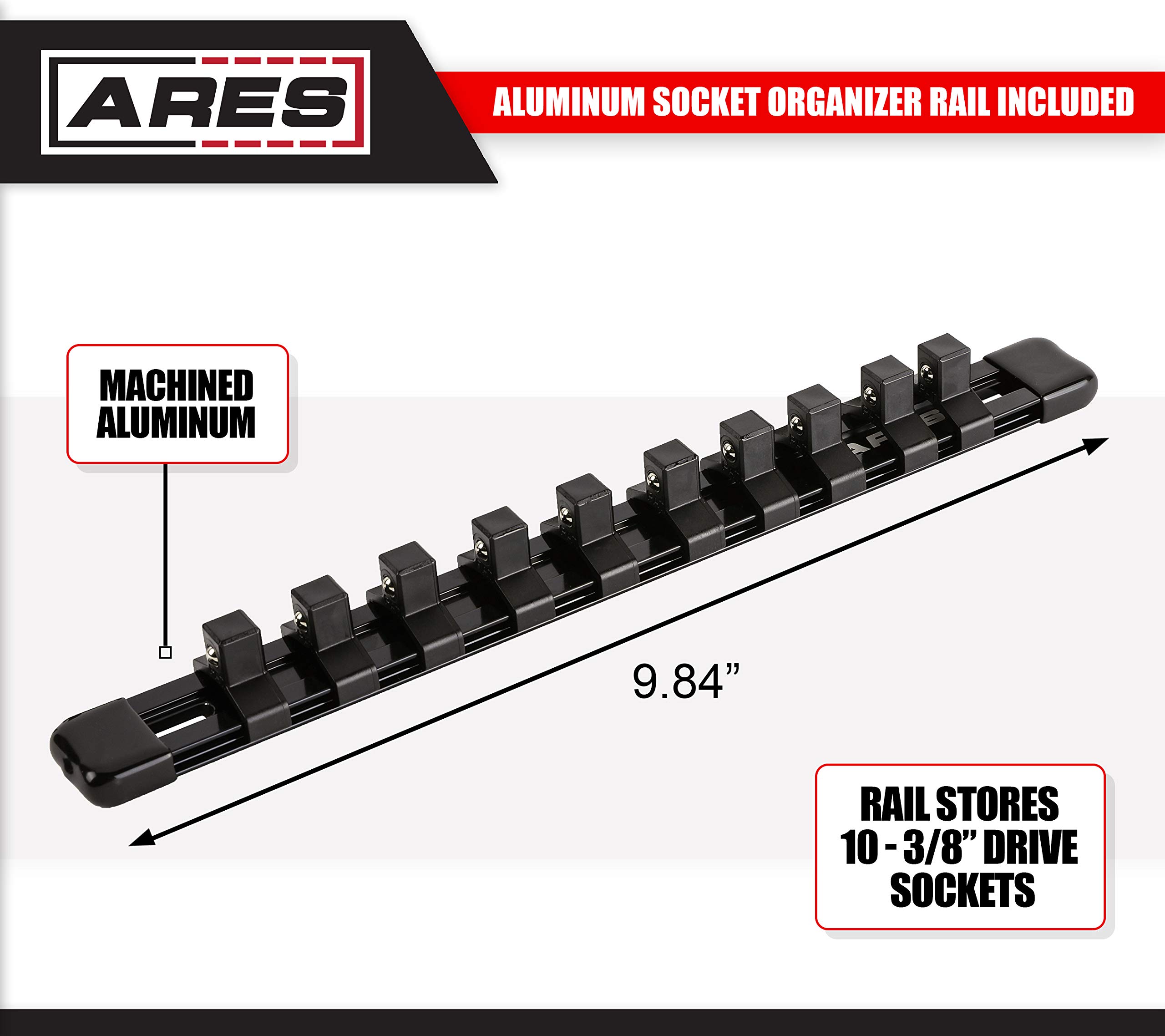 ARES 24001-10-Piece 3/8-Inch Drive Low Profile Impact Torx Bit Driver Set - Chrome-Moly Steel & Manganese Phosphate Coating - Star Bit Size Range T25-T70 - Reusable Storage Rail