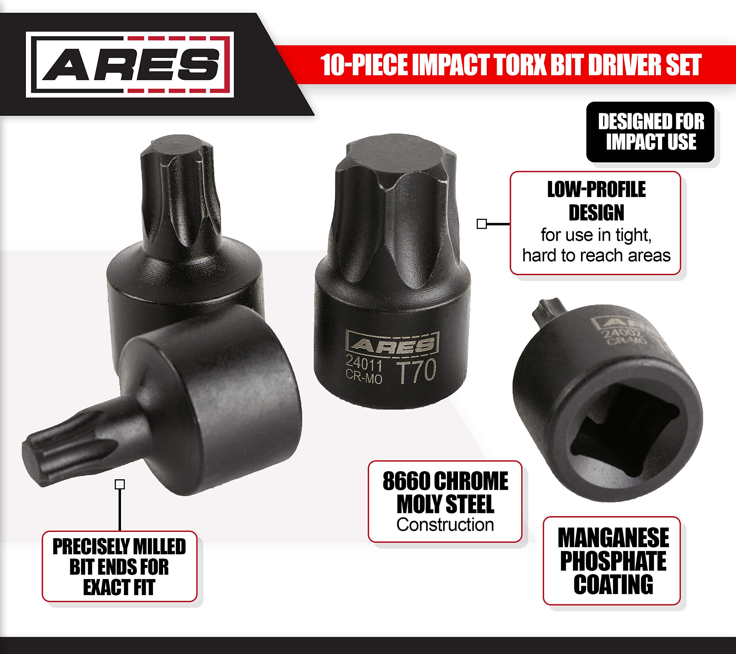 ARES 24001-10-Piece 3/8-Inch Drive Low Profile Impact Torx Bit Driver Set - Chrome-Moly Steel & Manganese Phosphate Coating - Star Bit Size Range T25-T70 - Reusable Storage Rail