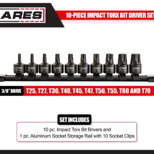 ARES 24001-10-Piece 3/8-Inch Drive Low Profile Impact Torx Bit Driver Set - Chrome-Moly Steel & Manganese Phosphate Coating - Star Bit Size Range T25-T70 - Reusable Storage Rail