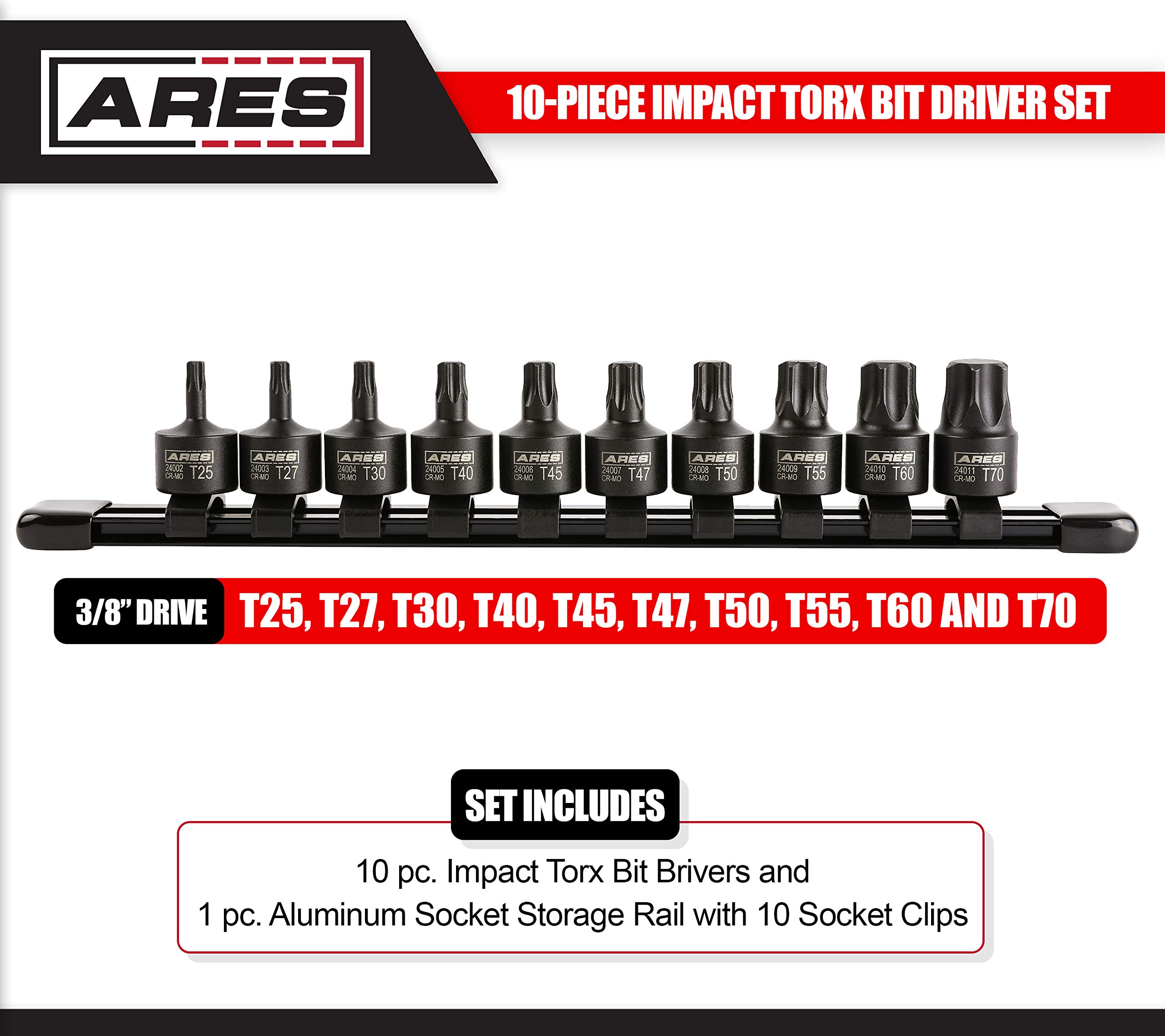 ARES 24001-10-Piece 3/8-Inch Drive Low Profile Impact Torx Bit Driver Set - Chrome-Moly Steel & Manganese Phosphate Coating - Star Bit Size Range T25-T70 - Reusable Storage Rail