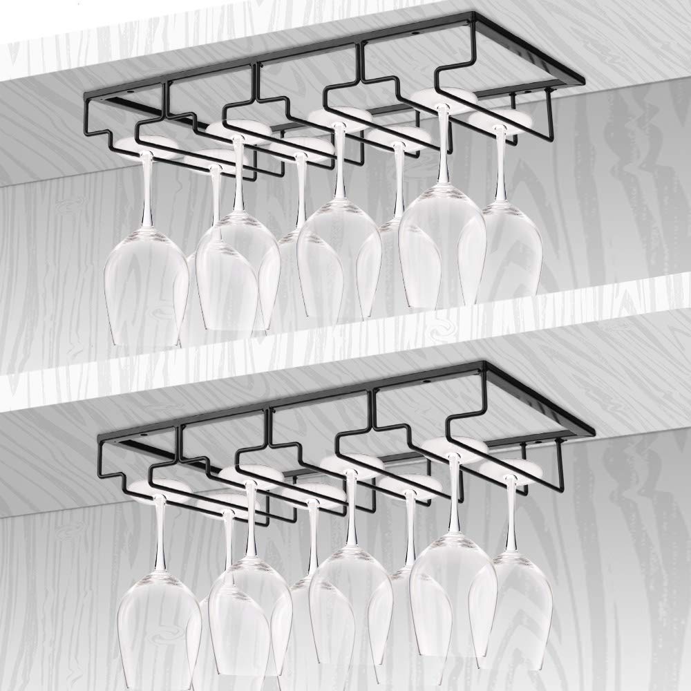 MorNon 2 Pack Wine Glass Rack - 4 Rows Under Cabinet Stemware Wine Glass Holder Glasses Storage Hanger Metal Organizer for Bar Kitchen Black