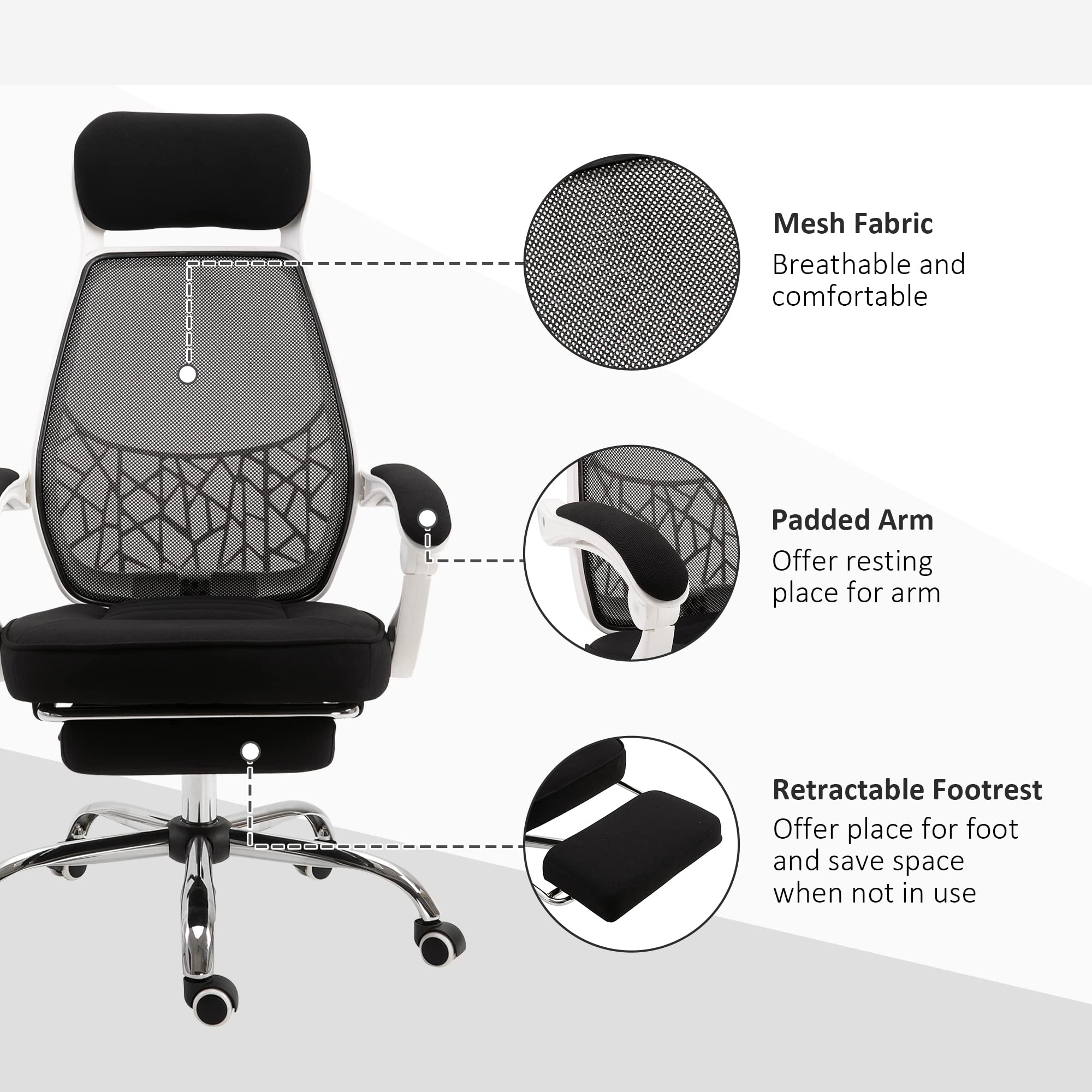 Vinsetto Ergonomic High Back Mesh Office Chair Swivel Reclining Computer Desk Chair with Retractable Footrest, Headrest, Padded Armrest