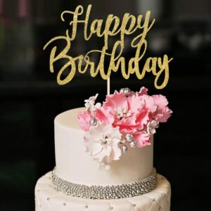 yuinyo handmade glitter happy birthday cake topper, happy birthday cake bunting decor,birthday party decoration supplies (gold)