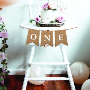 ONE High Chair First Birthday Burlap Banner | First Birthday Party Rustic Theme Decoration for boy or Girl | 1st Birthday Party Supplies | Happy Birthday Banner for Nursery Decor Product Name