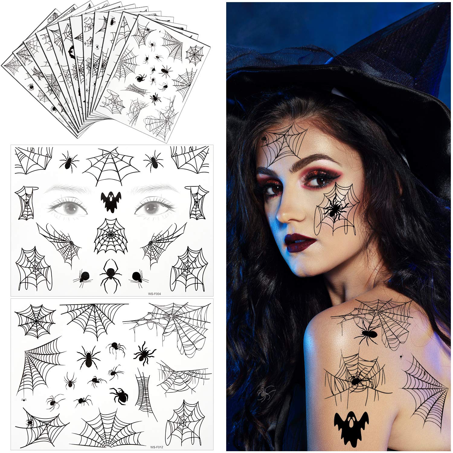 94 Pieces Halloween Spider Face Tattoos Spider Webs Temporary Tattoos Shoulder Arm Back Body Art Sticker for Witch Halloween Costume Cosplay Theme Party Favors, 12 Sheets