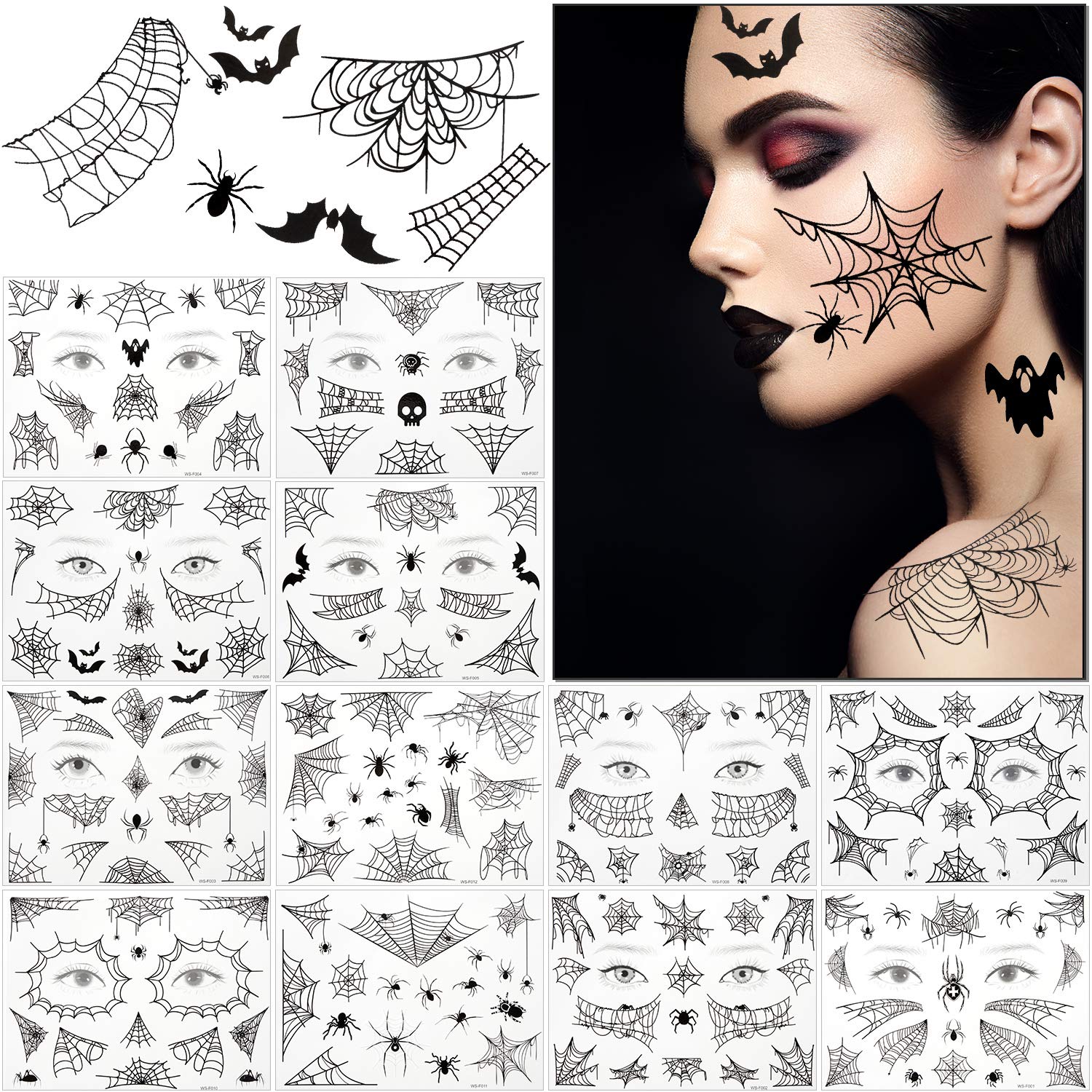 94 Pieces Halloween Spider Face Tattoos Spider Webs Temporary Tattoos Shoulder Arm Back Body Art Sticker for Witch Halloween Costume Cosplay Theme Party Favors, 12 Sheets