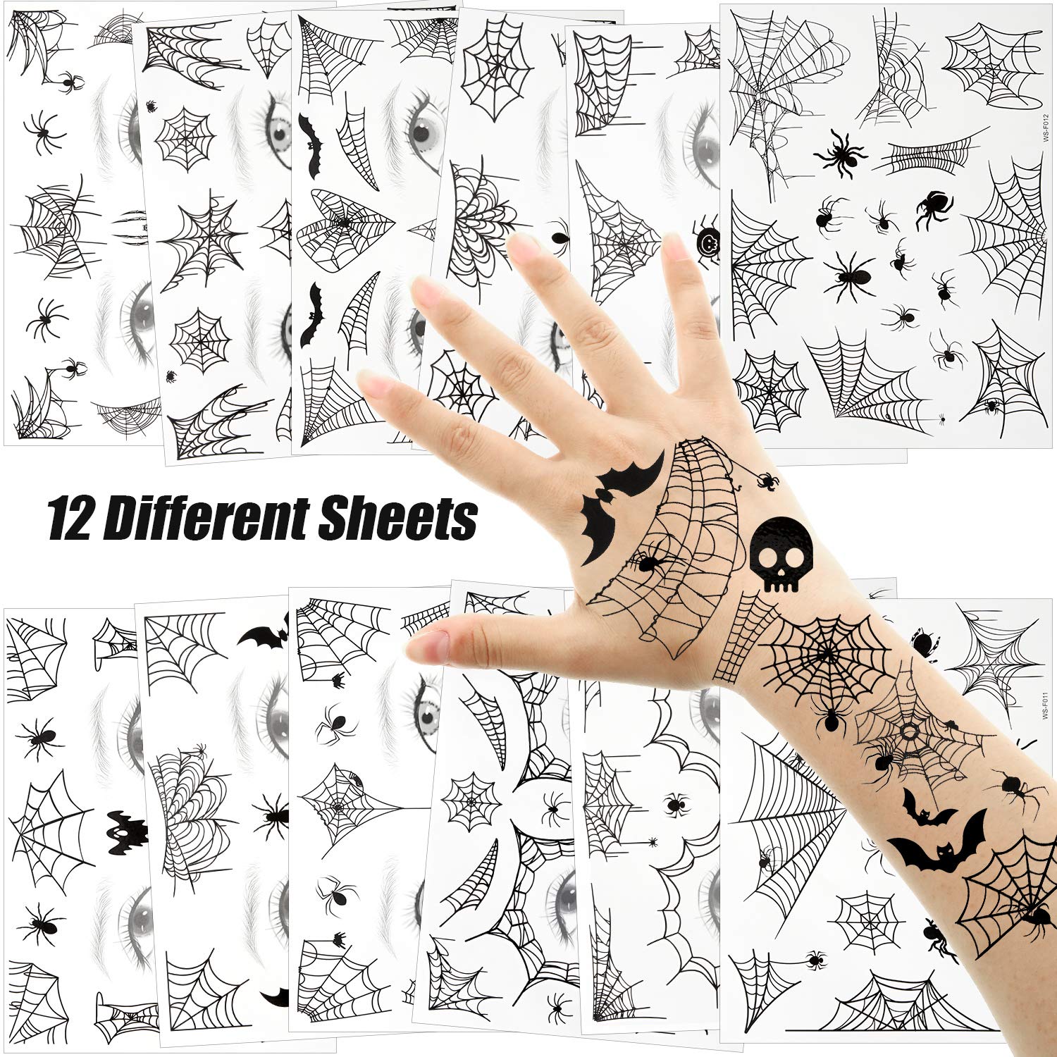 94 Pieces Halloween Spider Face Tattoos Spider Webs Temporary Tattoos Shoulder Arm Back Body Art Sticker for Witch Halloween Costume Cosplay Theme Party Favors, 12 Sheets