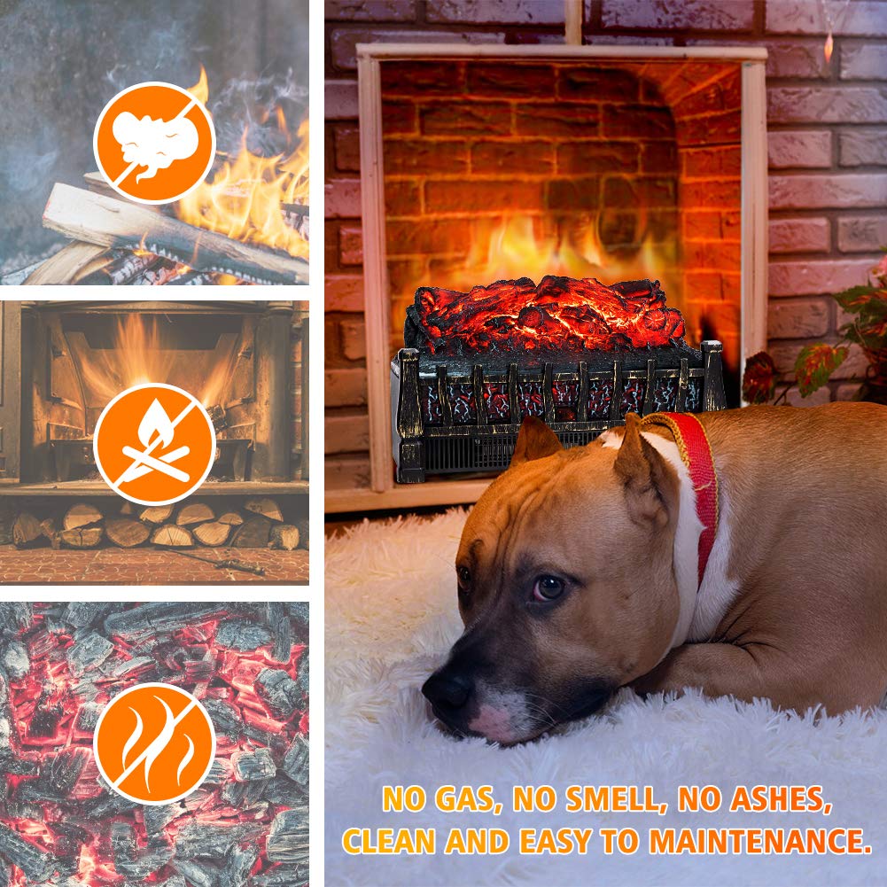 LIFEPLUS Electric Fireplace Log Set Heater 21 Inch with Remote Control 8H Timer Realistic Flame Ember Bed Adjustable Brightness Antique Bronze, Overheat Protection, Fake Fire for Christmas Home Decor