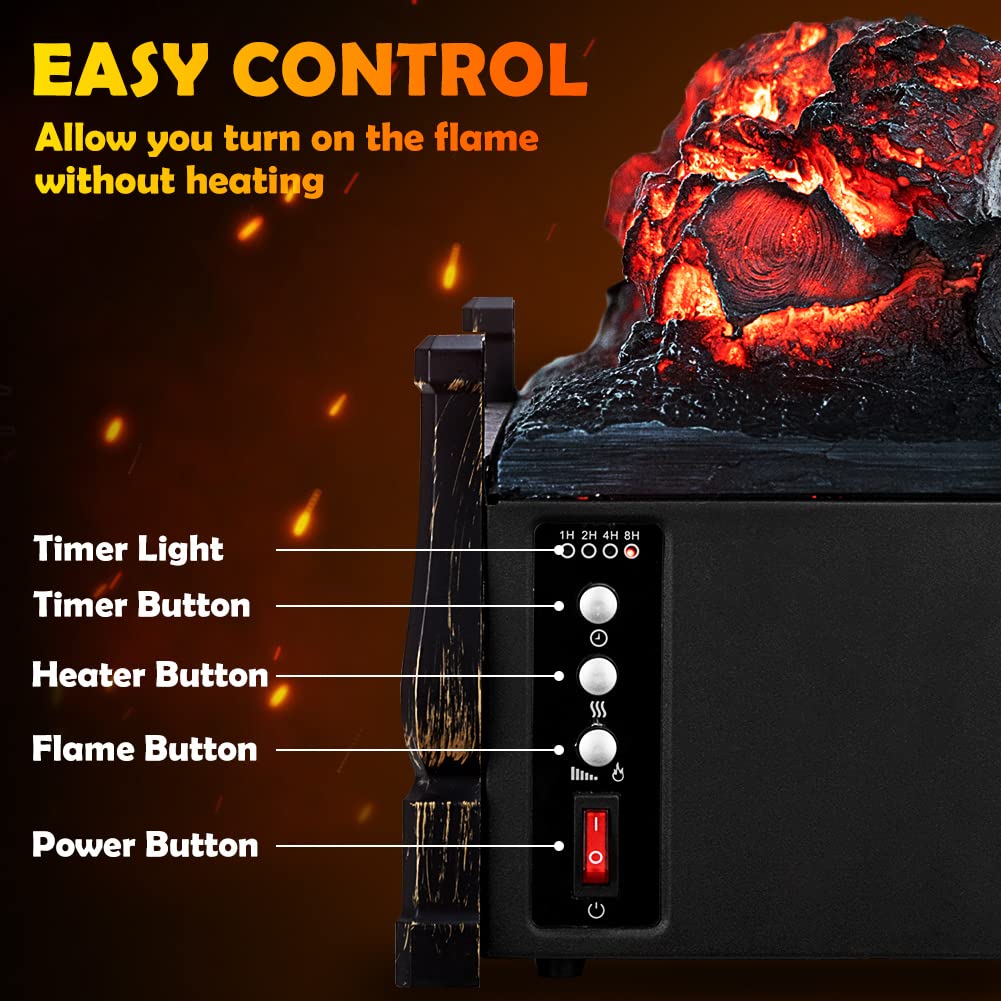 LIFEPLUS Electric Fireplace Log Set Heater 21 Inch with Remote Control 8H Timer Realistic Flame Ember Bed Adjustable Brightness Antique Bronze, Overheat Protection, Fake Fire for Christmas Home Decor