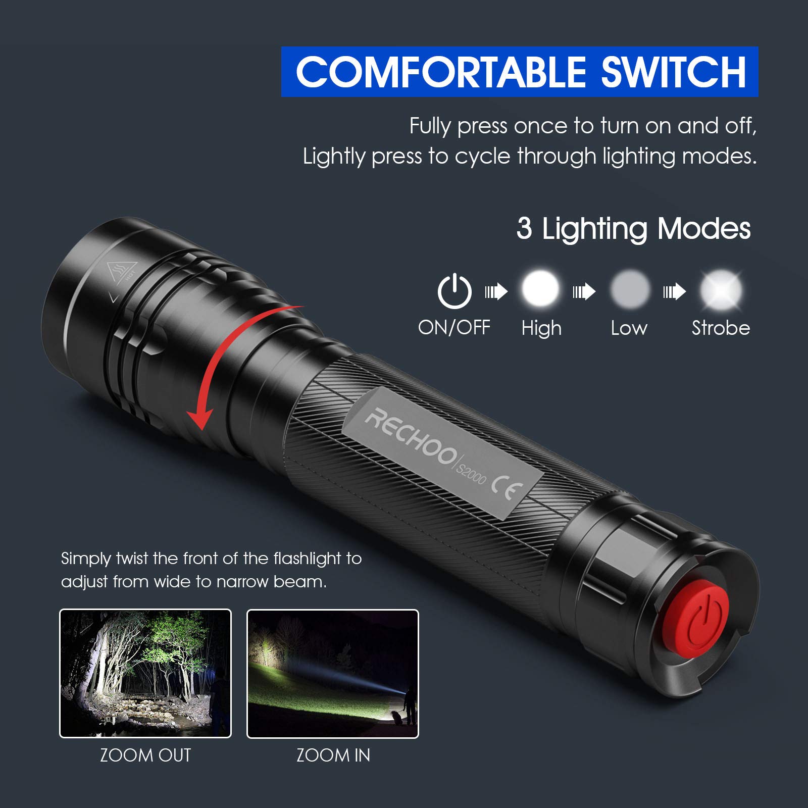 RECHOO High-Powered LED Flashlight S2000, Upgraded Powerful 2000 High Lumens Flashlights with 3 Modes, Zoomable, Water Resistant Flash Light for Home, Camping, Emergency, Hiking, Outdoor