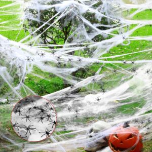 1000 sqft halloween spider web decorations with 100 fake spiders, super stretch spider webs cobwebs decor, haunted house yard creepy scene props indoor outdoor decor and halloween party supplies